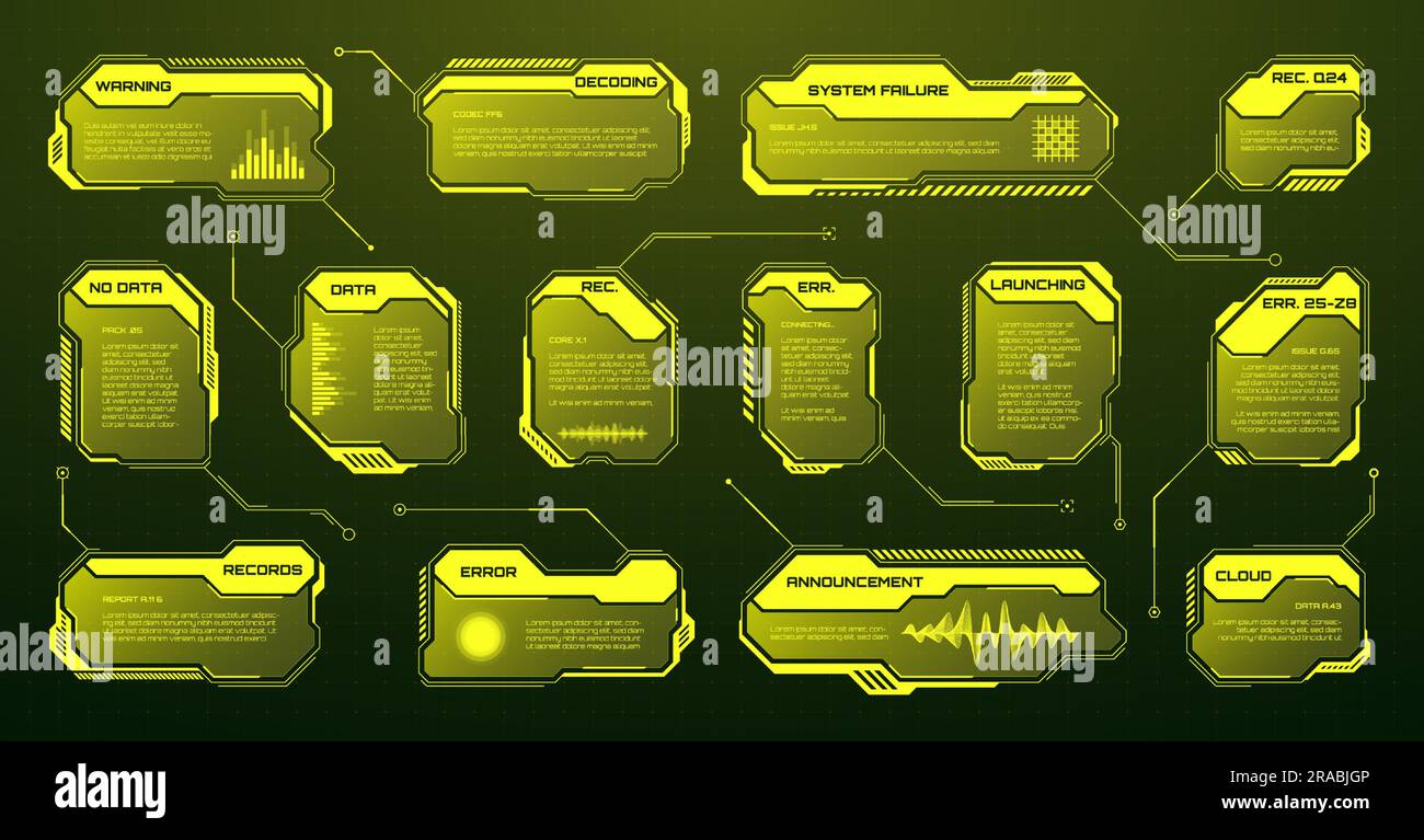 Yellow futuristic HUD, UI elements. Sci-fi user interface text boxes, callouts. Warning message ...