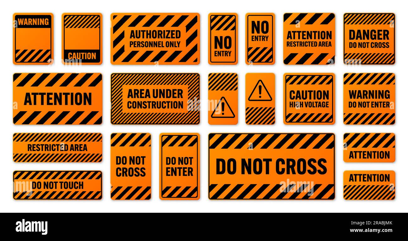 Various black and orange warning signs with diagonal lines. Attention ...