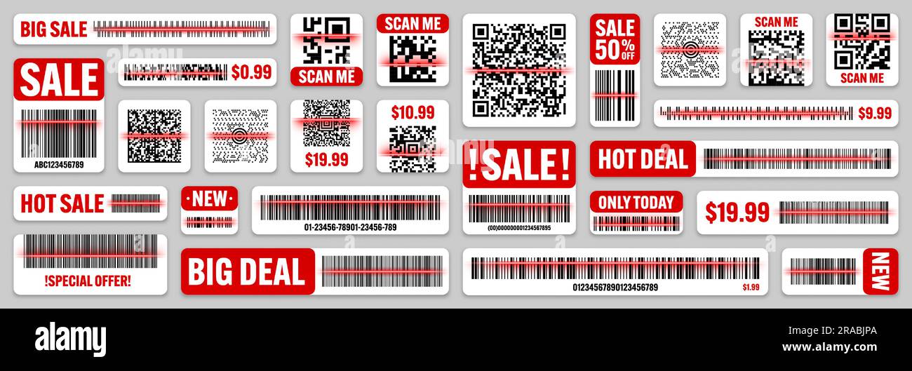 Product barcodes and QR codes with red scanning line. Sale stickers ...