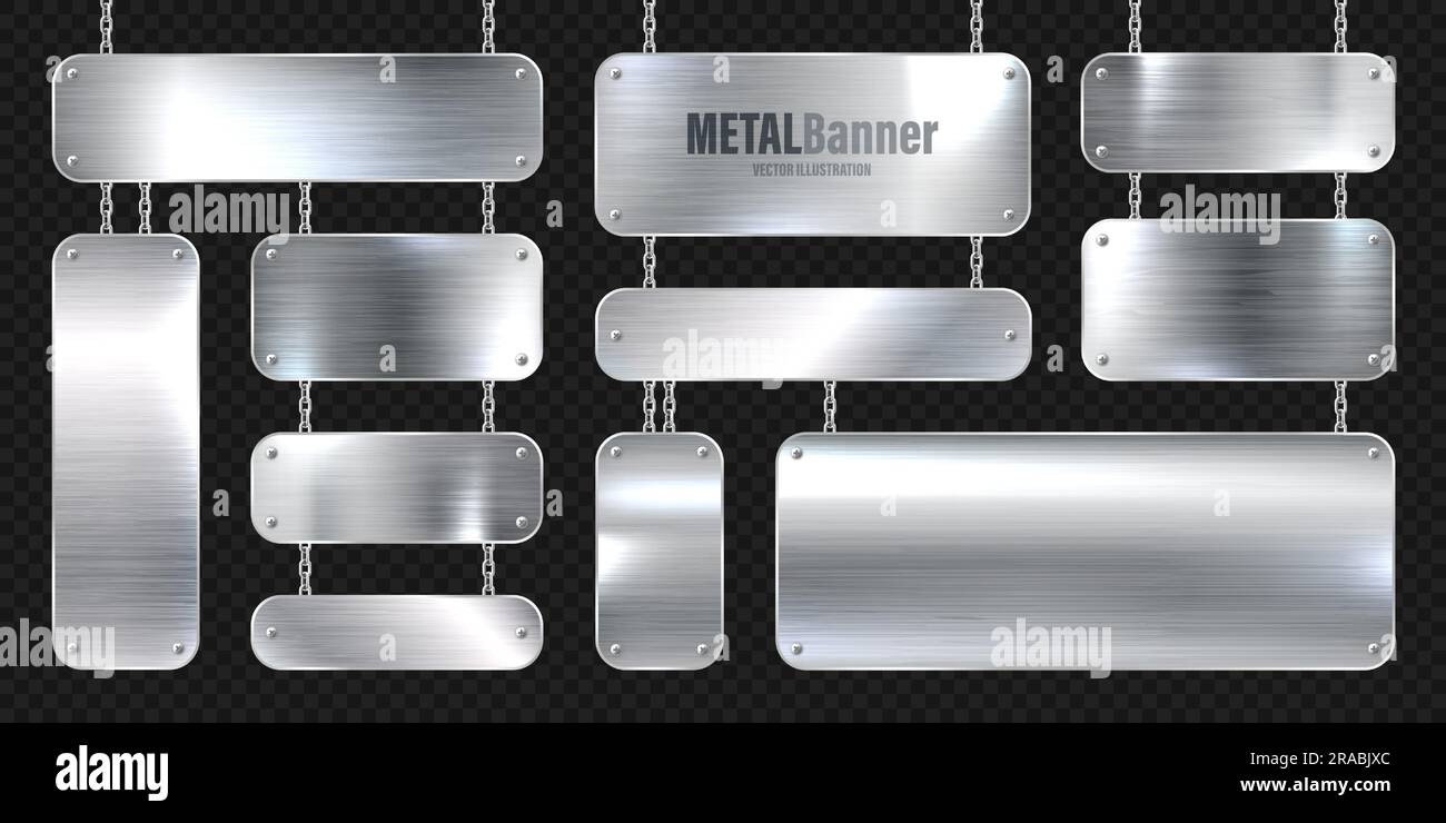 Metal banners hanging on a chain. Realistic shiny steel plate with ...
