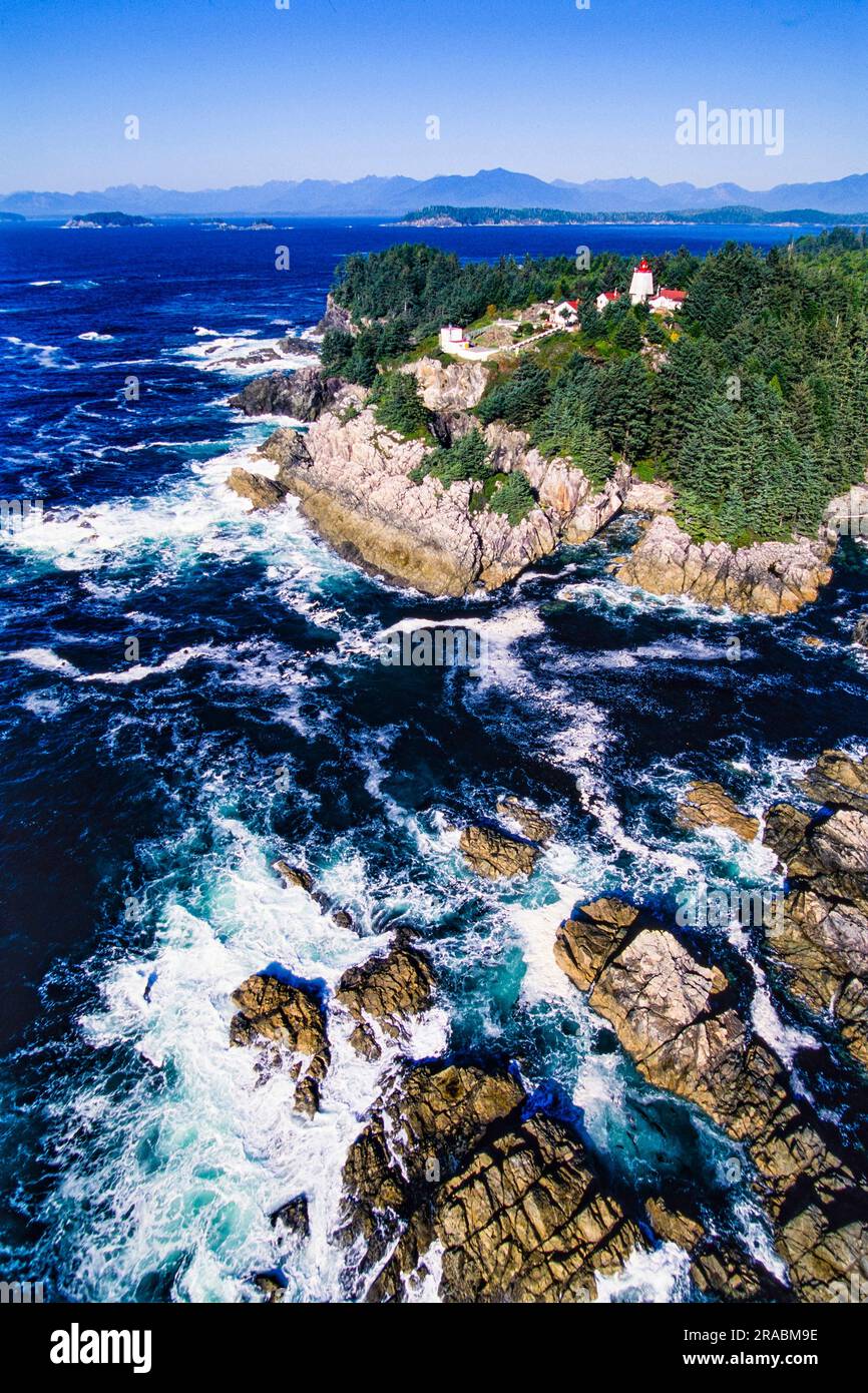 Aerial image of west coast Cape Beale Lighthouse, Vancouver Island, BC ...
