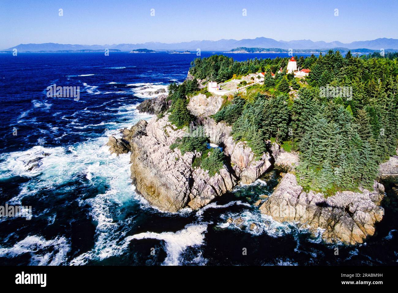 Aerial image of west coast Cape Beale Lighthouse, Vancouver Island, BC ...