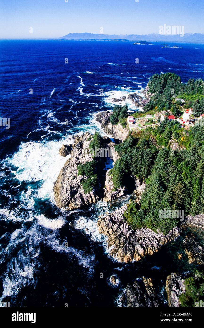 Aerial image of west coast Cape Beale Lighthouse, Vancouver Island, BC ...
