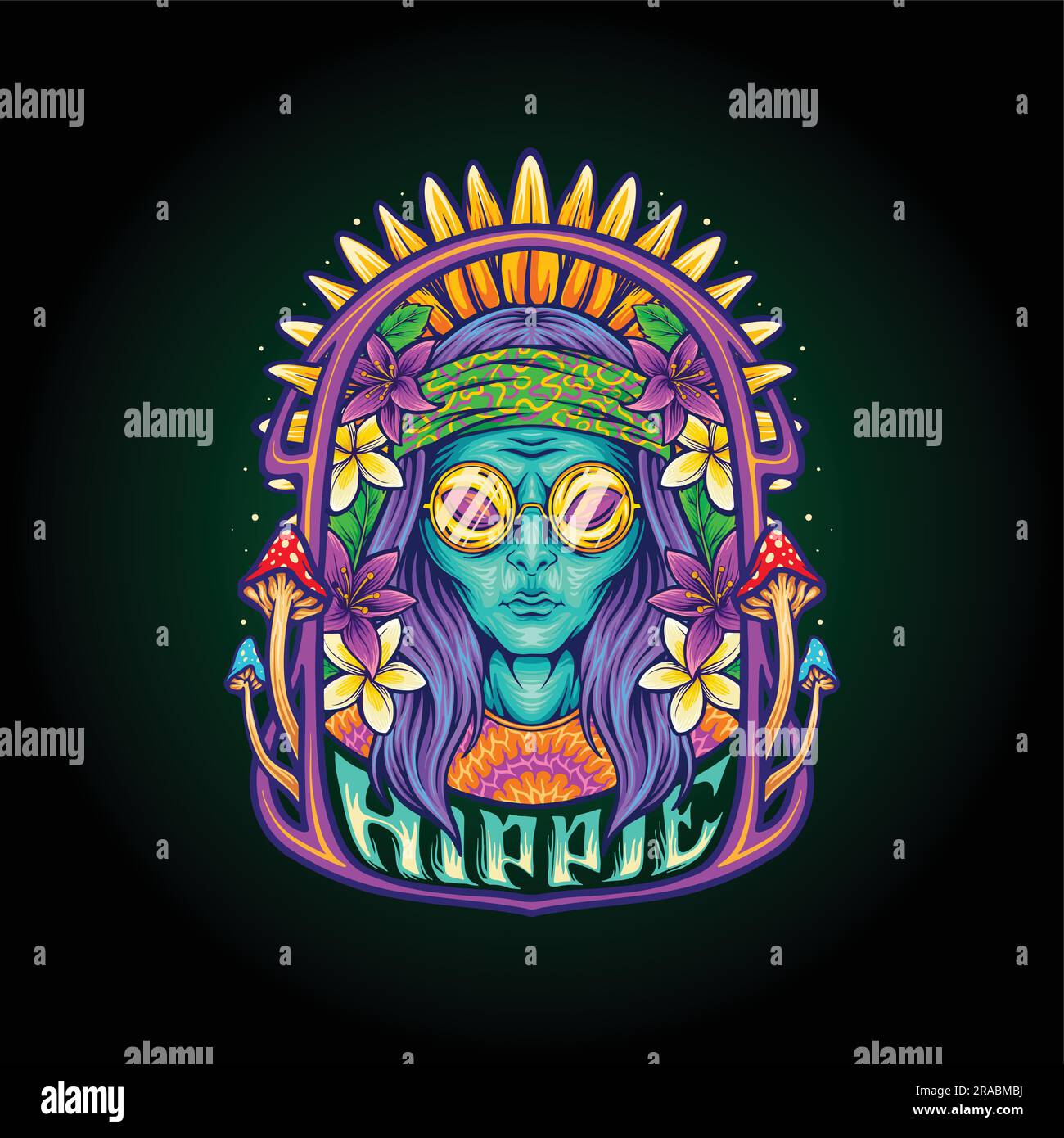 Bohemian alien flower power hippie style illustrations vector ...
