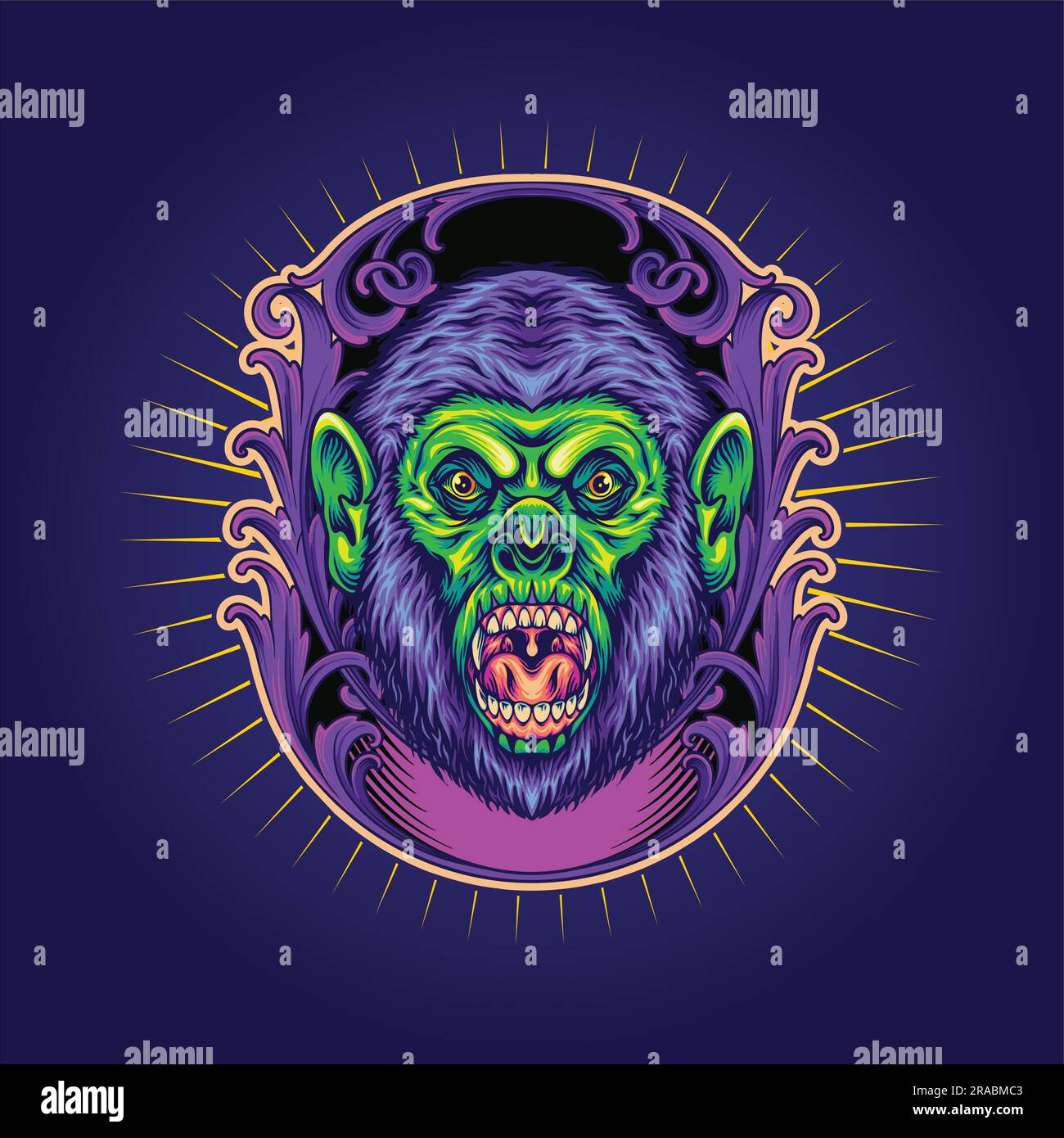 Ferocious monkey king with old engraved ornament illustrations vector ...