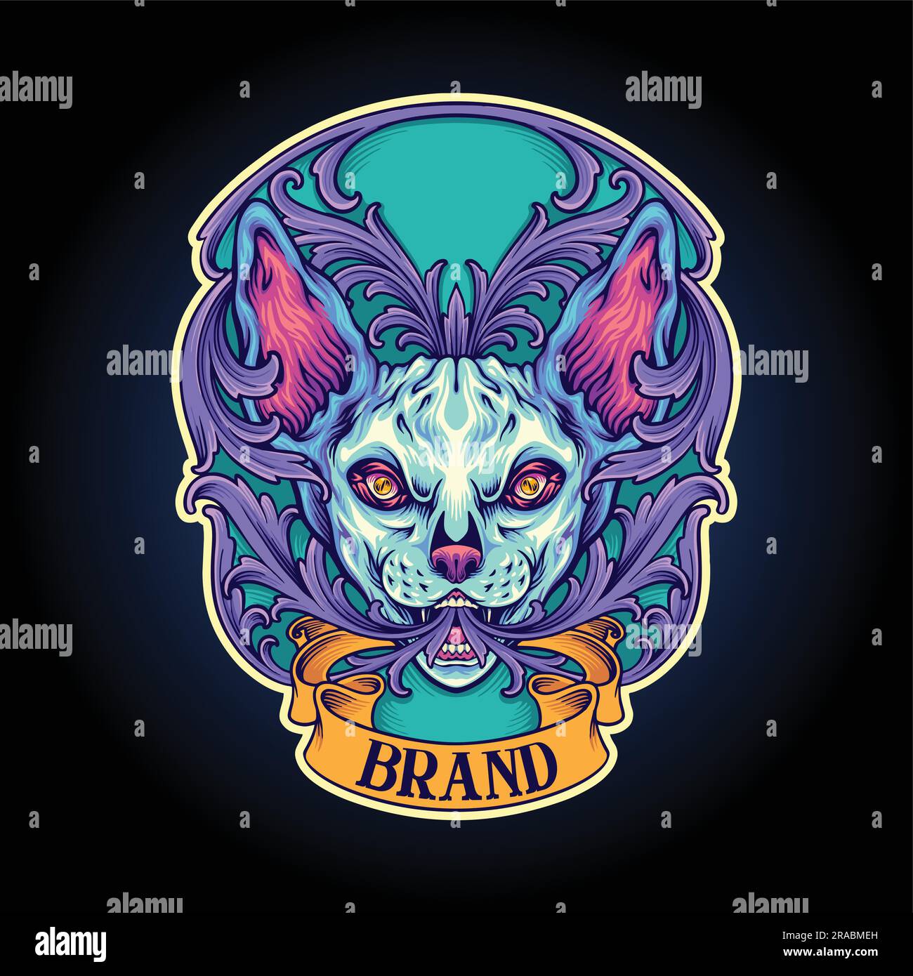 Mystical cat god with engraving petals ornament frame illustrations ...