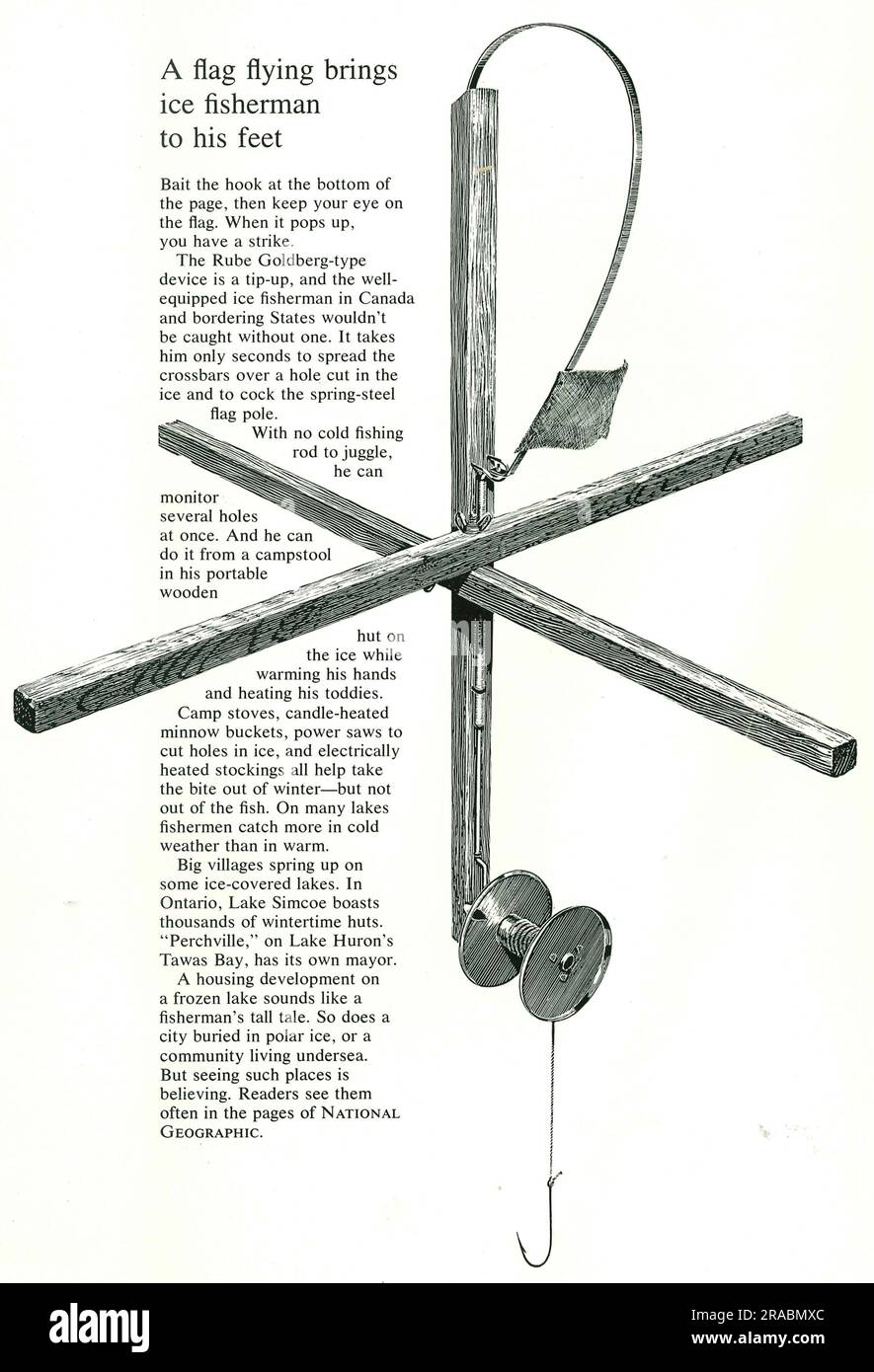 National Geographic advert with Rube Goldberg-type fishing hook device ...