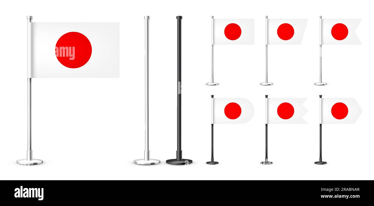 Realistic various Japanese table flags on a chrome steel pole. Souvenir ...
