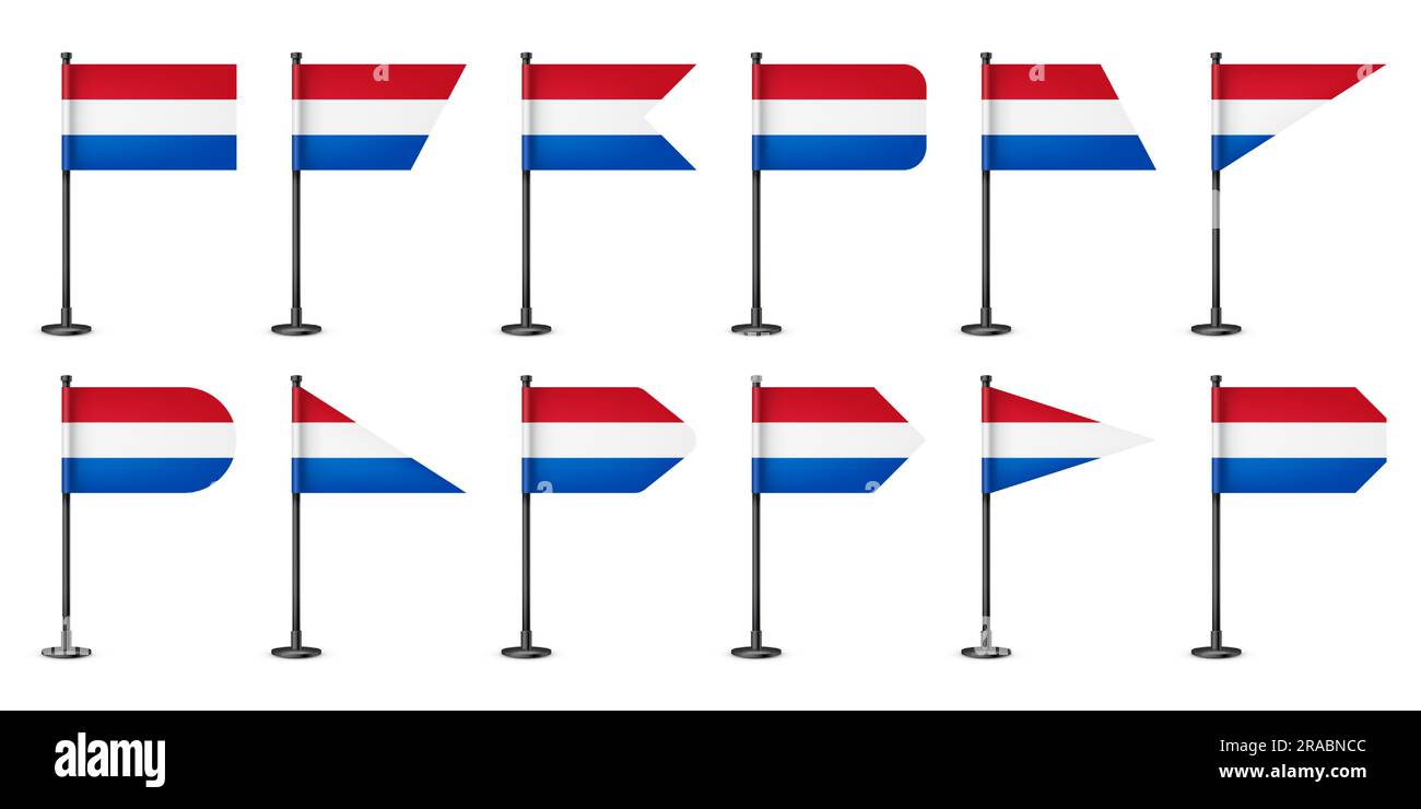 Realistic various Dutch table flags on a black steel pole. Souvenir ...