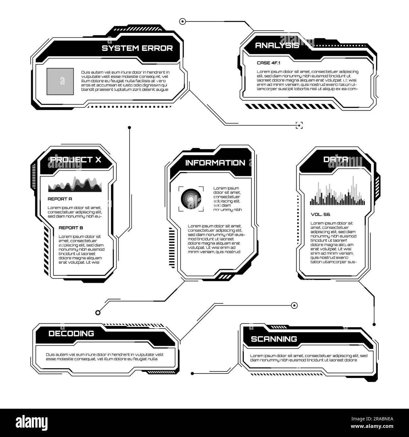 Black futuristic HUD, UI elements. Sci-fi user interface text boxes ...