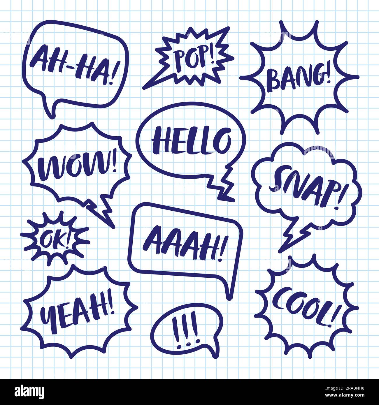 Hand drawn comic speech bubbles on checkered paper sheet. School ...
