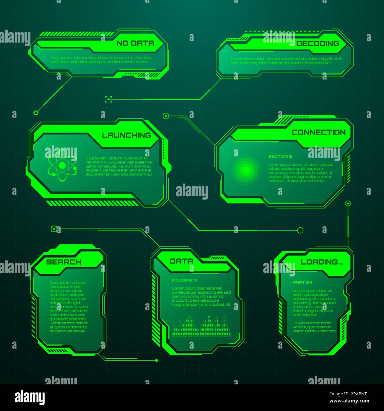 Green futuristic HUD, UI elements. Sci-fi user interface text boxes ...