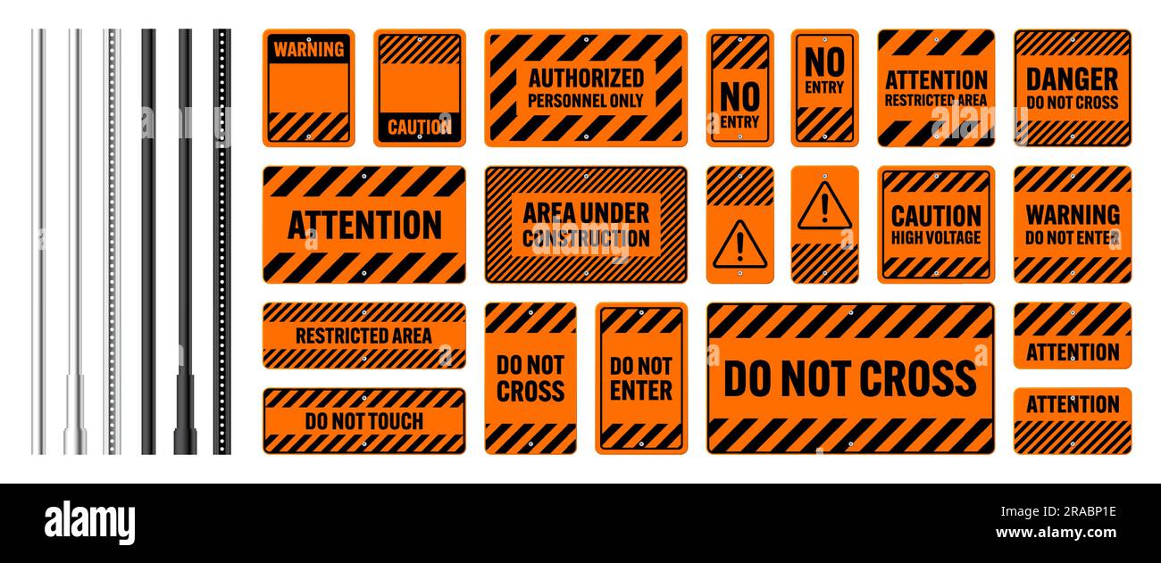 Warning, danger signs, attention banners with metal poles. Orange ...