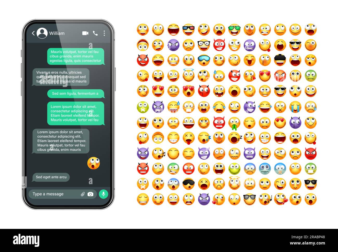 Smartphone messaging app, user interface with emoji. SMS text frame ...
