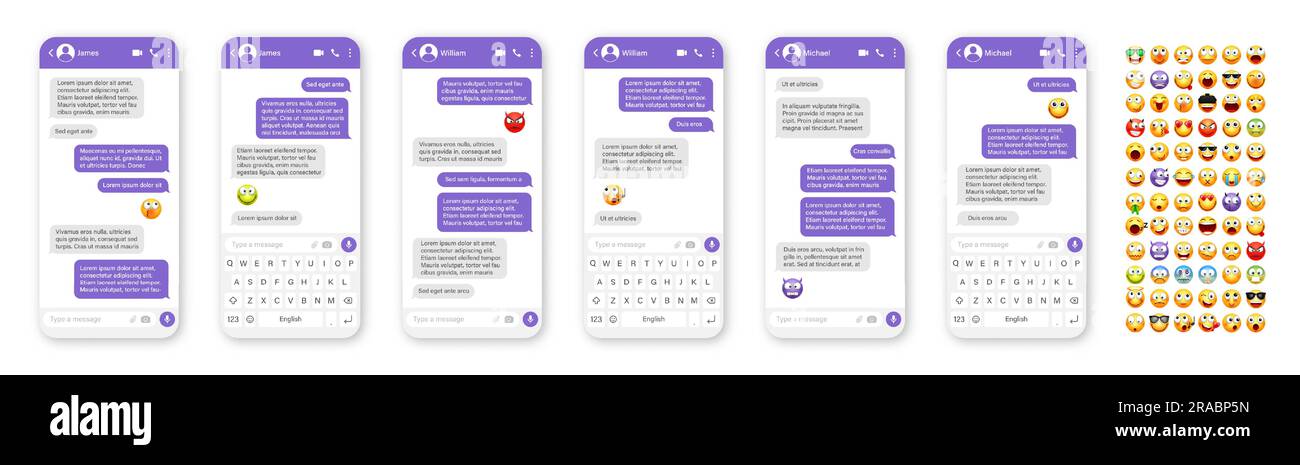 Smartphone messaging app, user interface design with emoji. SMS text frame. Chat screen with ...