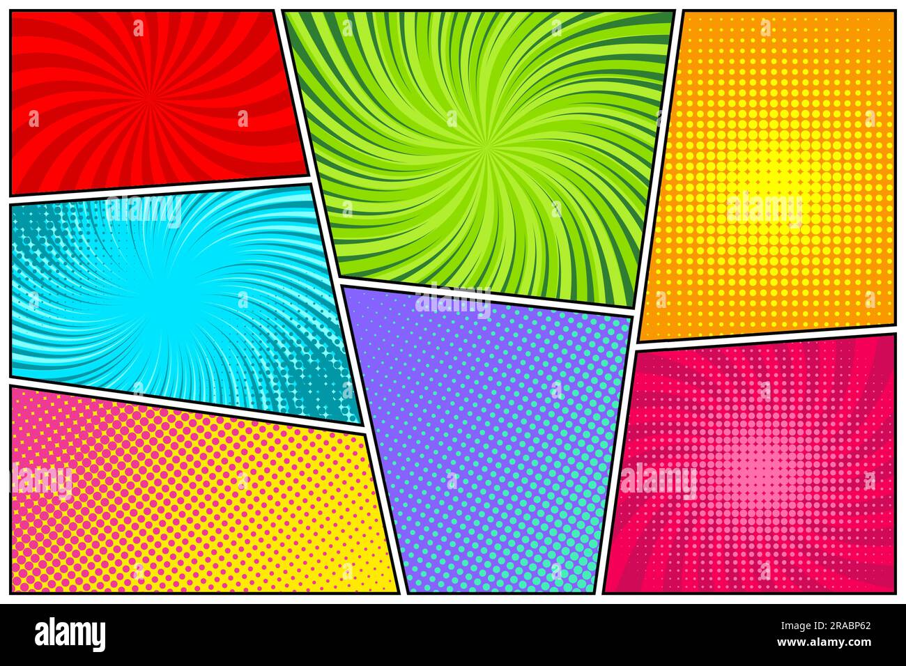 Colorful twisted comic book radial rays, lines. Comics background with ...