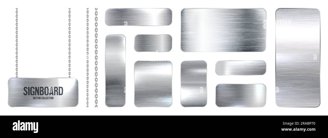 Metal banners hanging on a chain. Realistic shiny steel plate with ...