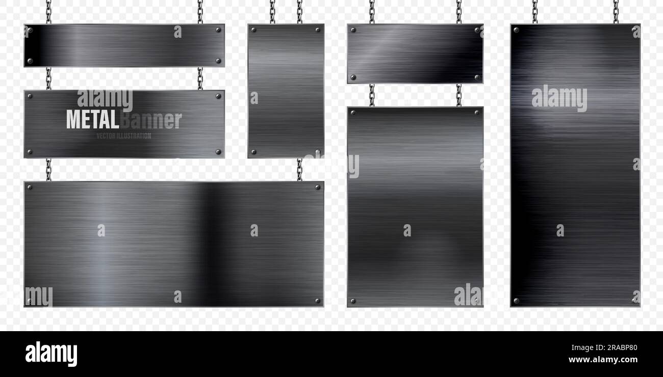 Metal banners hanging on a chain. Realistic shiny steel plate with ...