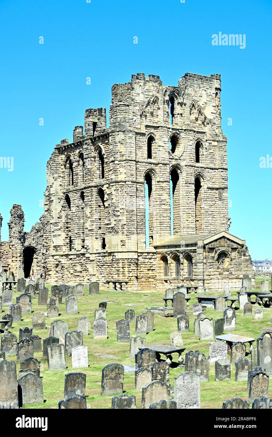 Tynemouth Priory and chapel within the castle with a deep blue sky ...