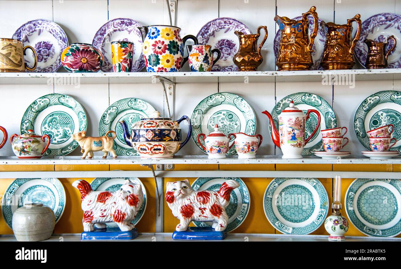 Dutch pottery on display on a shelf in a Marken home at the Marker ...