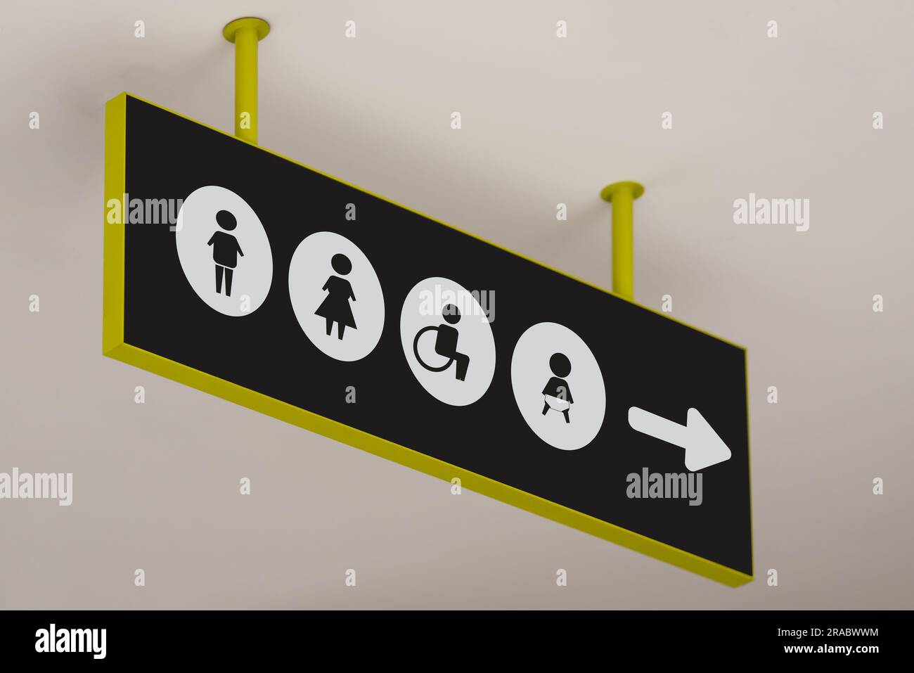 Public toilet sign with symbols and arrow showing direction Stock Photo ...