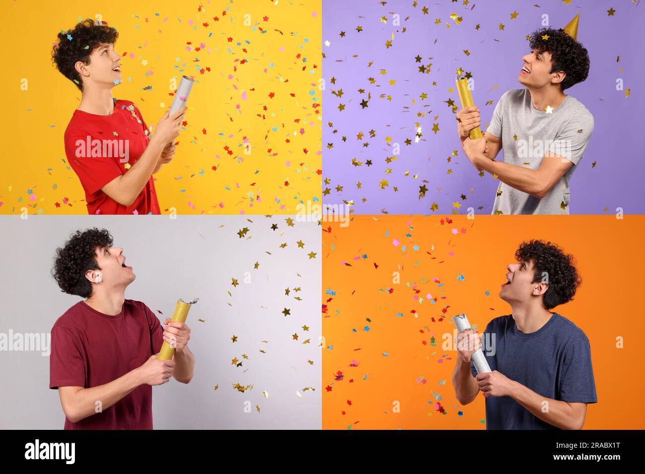 Collage with photos of young men blowing up party poppers on different ...