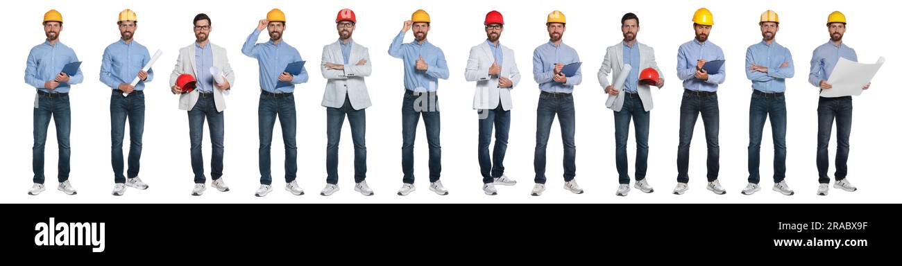 Photos of engineer on white background, collage design Stock Photo - Alamy
