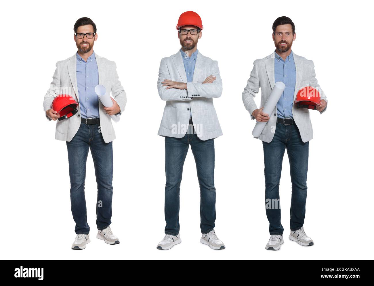 Photos of engineer with hardhat on white background, collage design ...