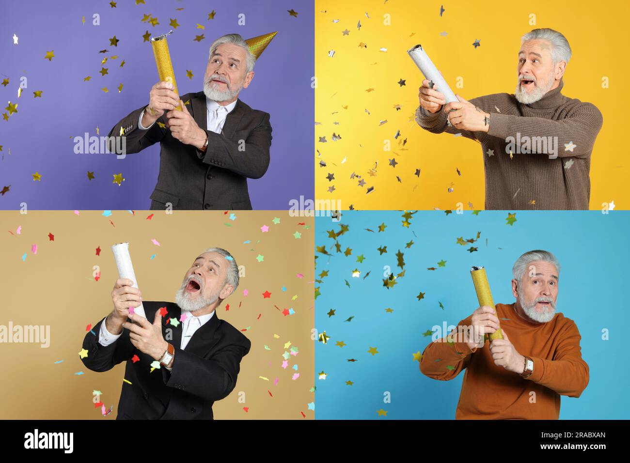 Collage with photos of man blowing up party poppers on different color ...