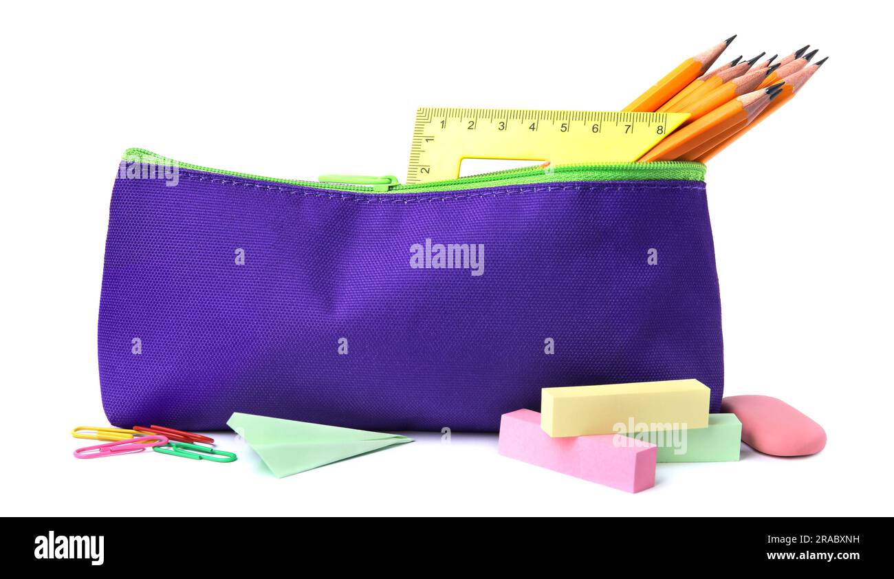 Pencil case with different school stationery on white background Stock ...