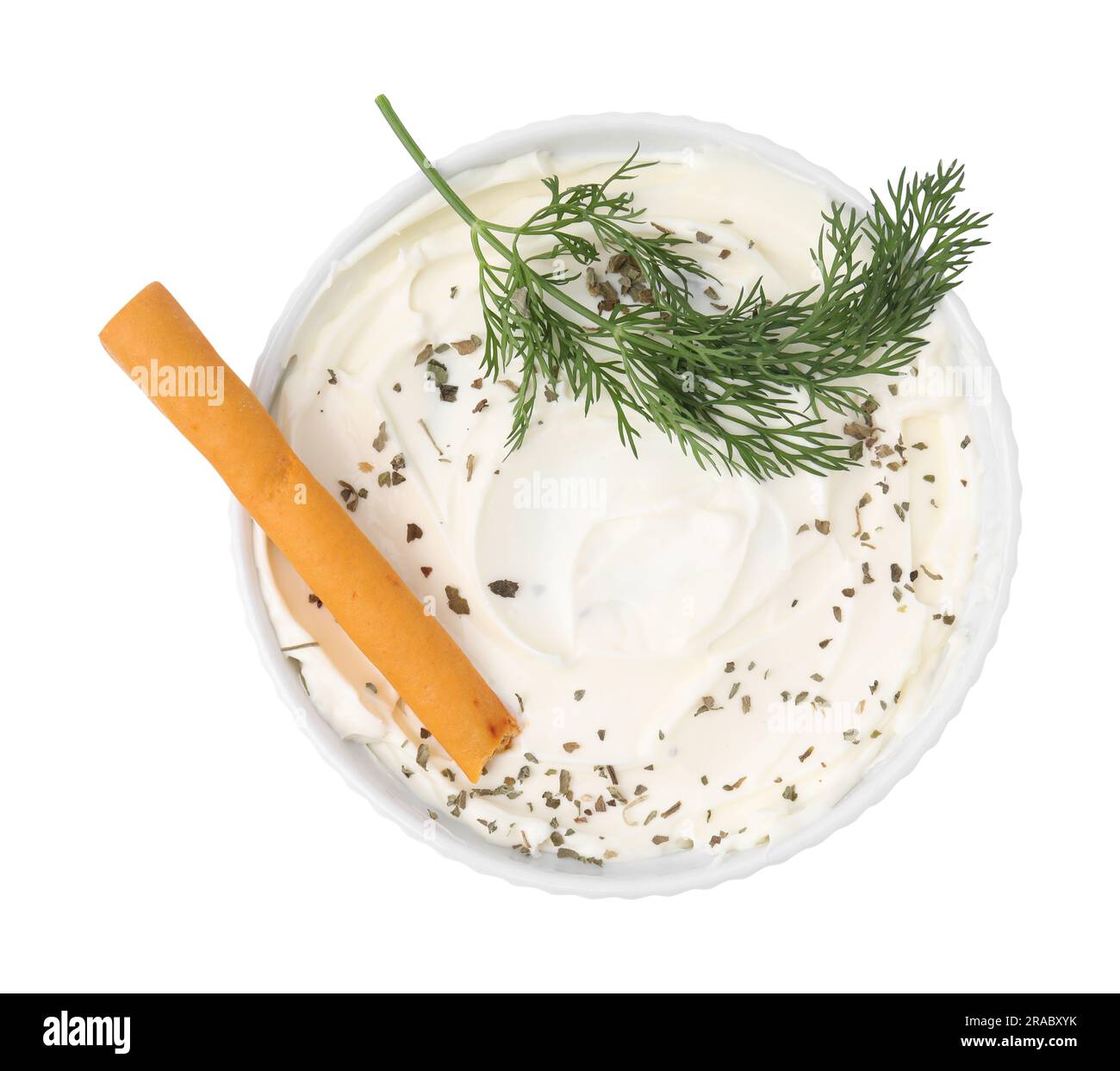 Delicious cream cheese with grissini stick and dill on white background ...