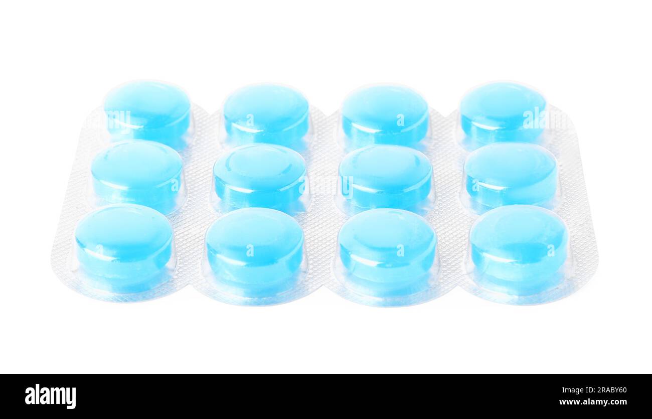 Blister with light blue cough drops isolated on white Stock Photo - Alamy