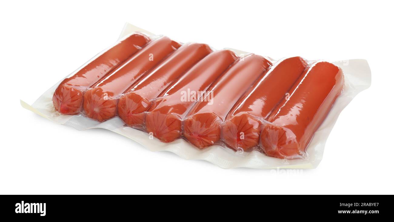 Vacuum pack with sausages isolated on white. Meat product Stock Photo ...
