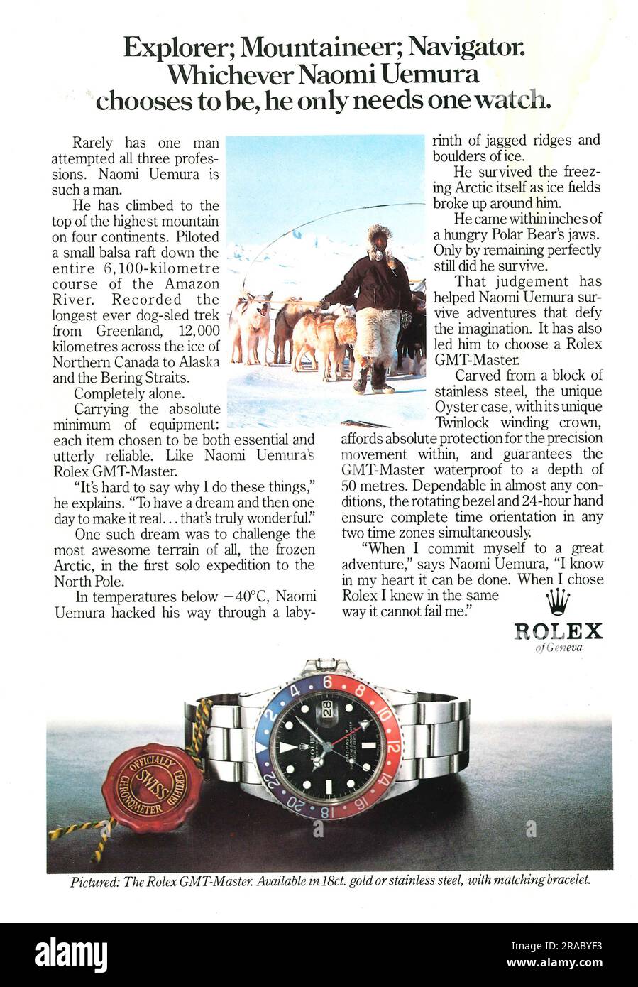 1982 Rolex GMT master watch advert with Naomi Uemura print ad Stock ...