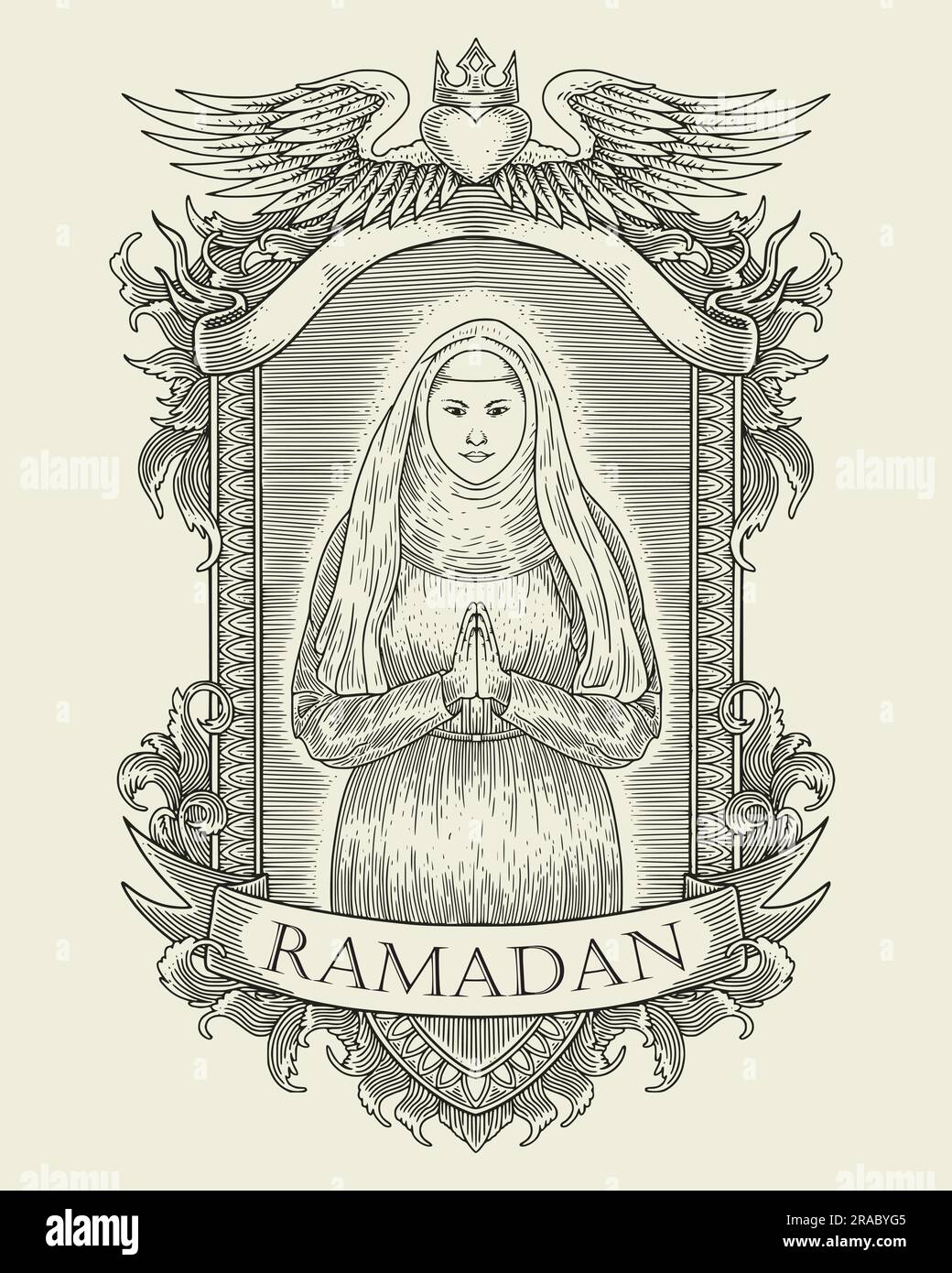ramadan muslim woman on antique vintage frame with engraving drawing ...