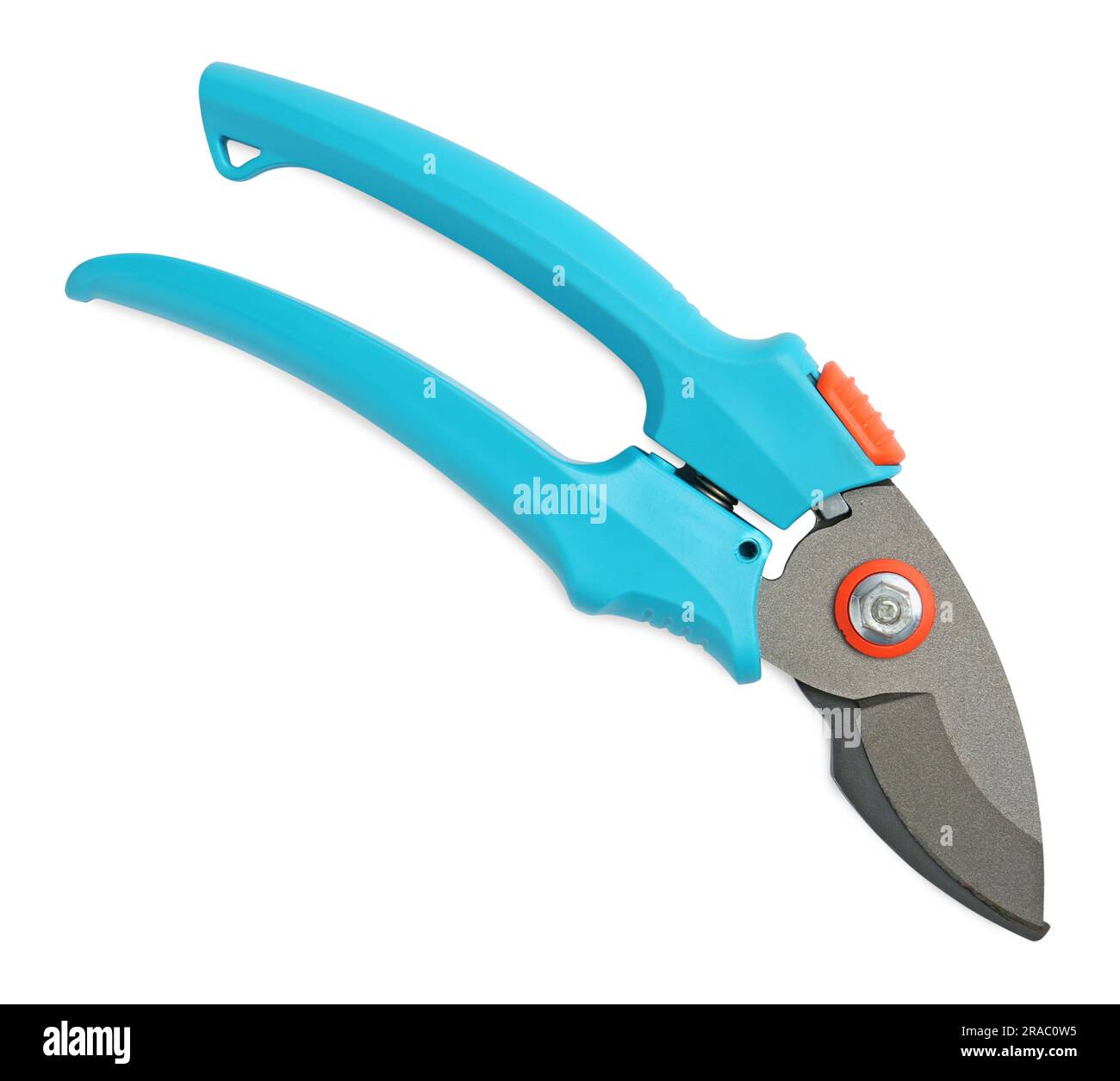 Secateurs with light blue handles isolated on white, top view. Gardening tool Stock Photo - Alamy