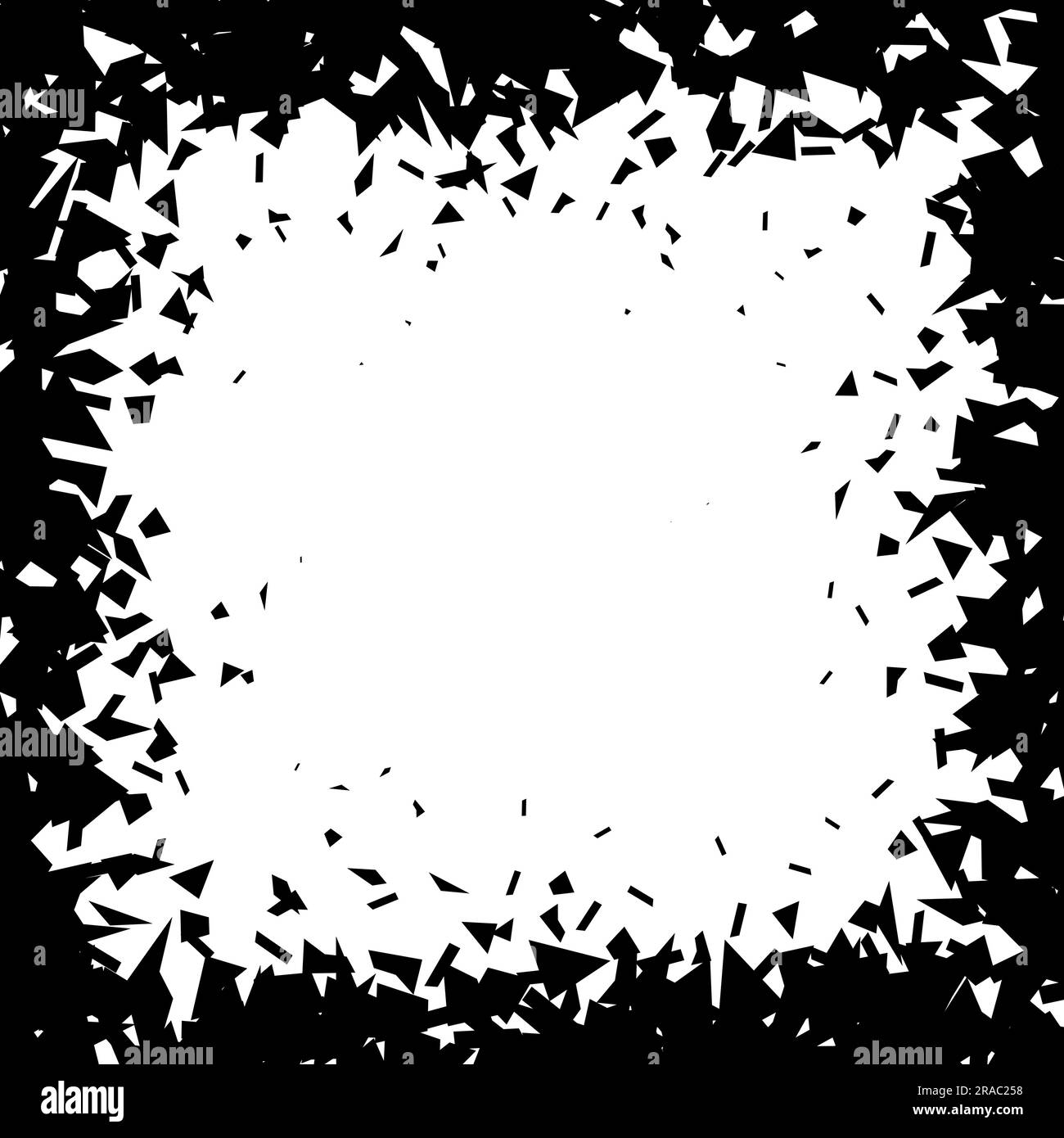 Debris and shatters in square shape frame. Black broken pieces, specks ...