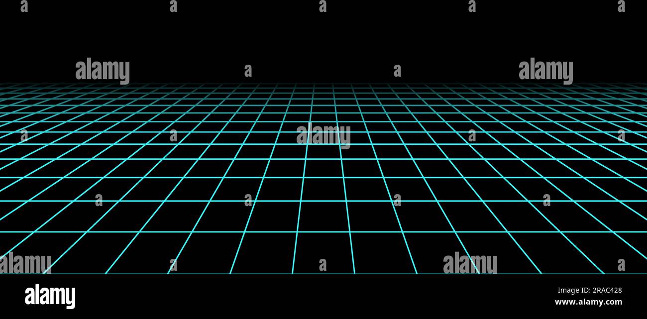 Neon blue flat wireframe grid. Vanishing checkered floor landscape ...