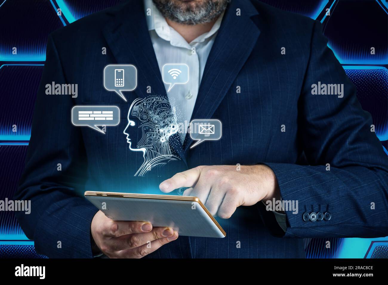 Artificial intelligence, AI chat bot concept. Businessman hands using tablet. ai chatbot ...