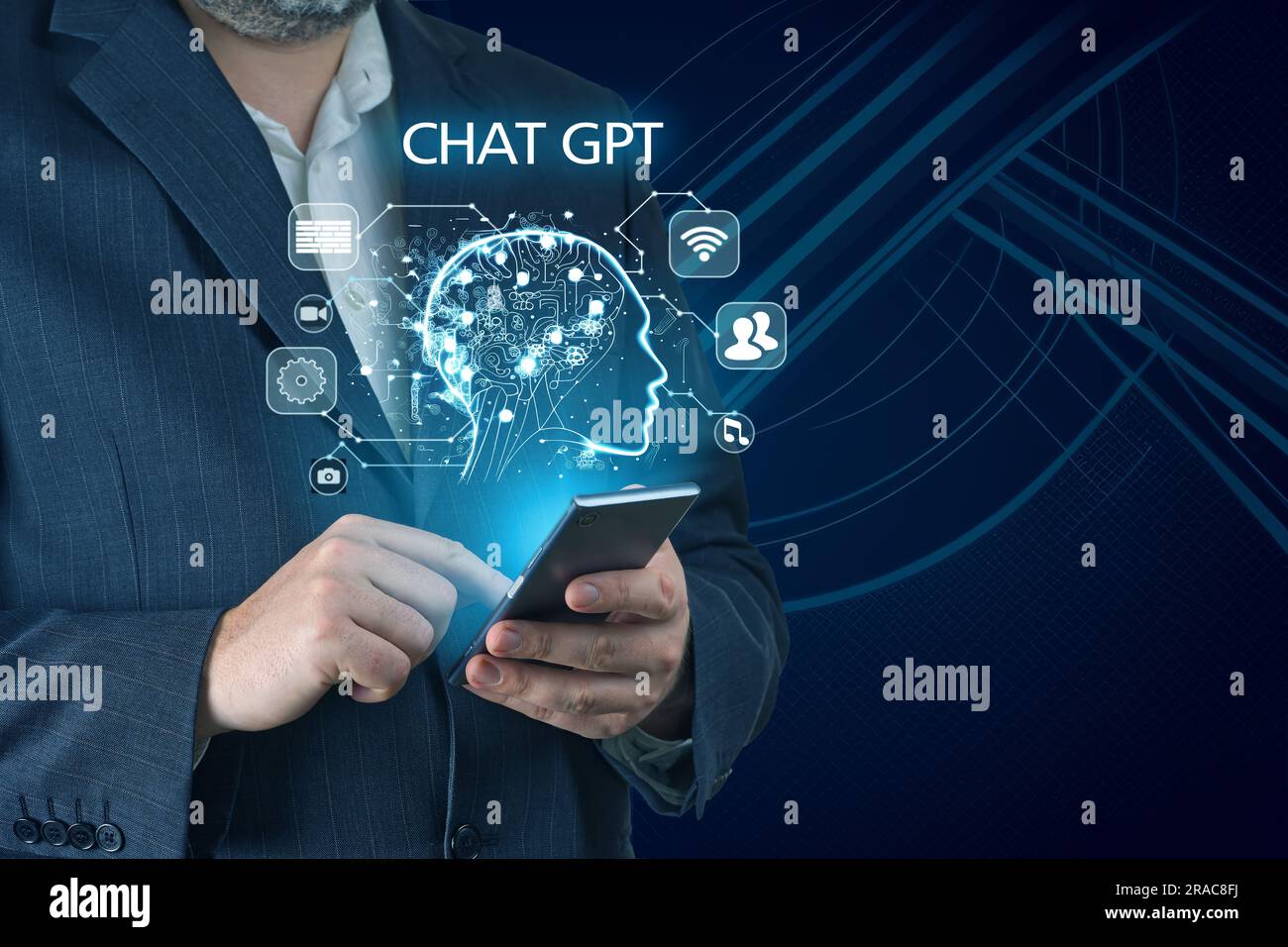 Artificial Intelligence in Bot Chat. Businessman using Ai chatbot in ...