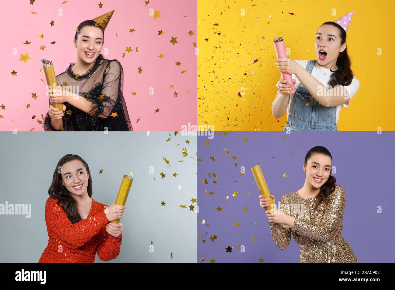 Collage with photos of beautiful woman blowing up party poppers on ...