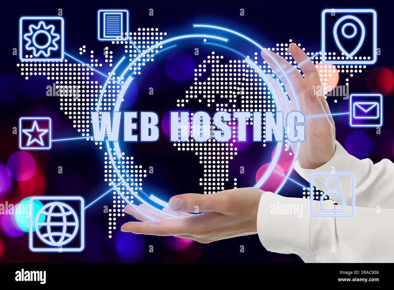 Web hosting. Woman holding scheme with icons against digital world map ...