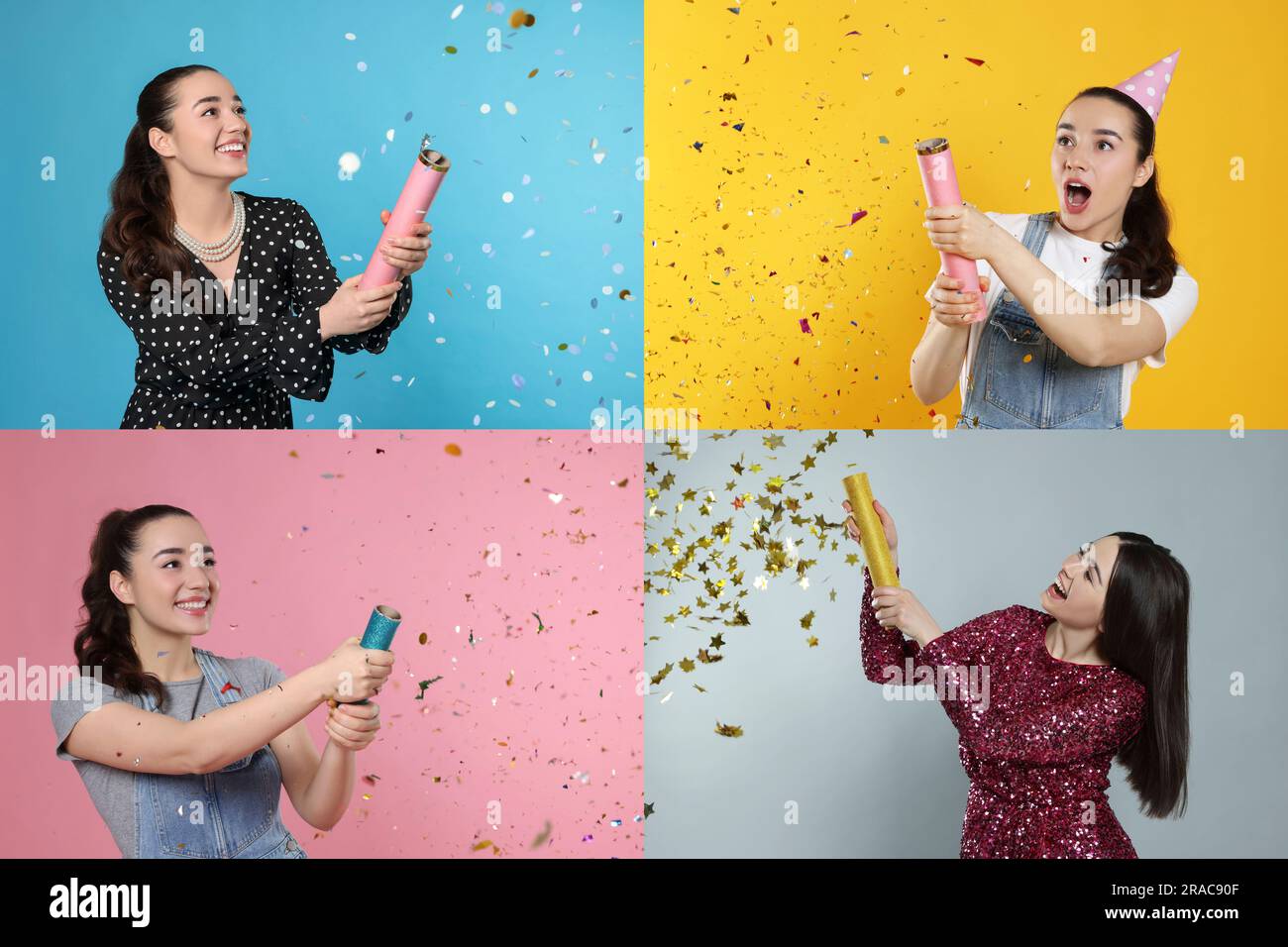 Collage with photos of beautiful women blowing up party poppers on ...