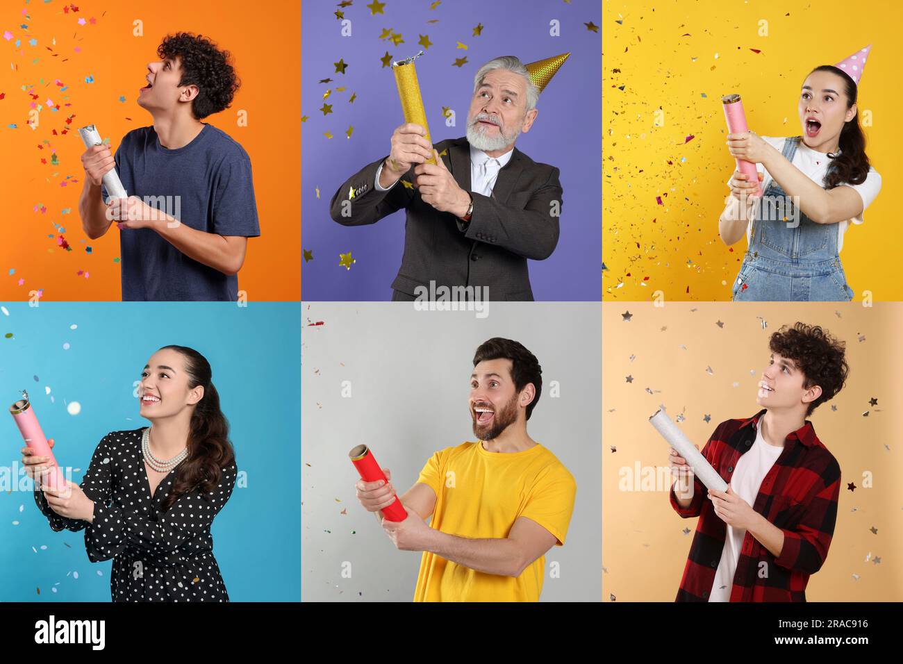 Collage with photos of different people blowing up party poppers on ...