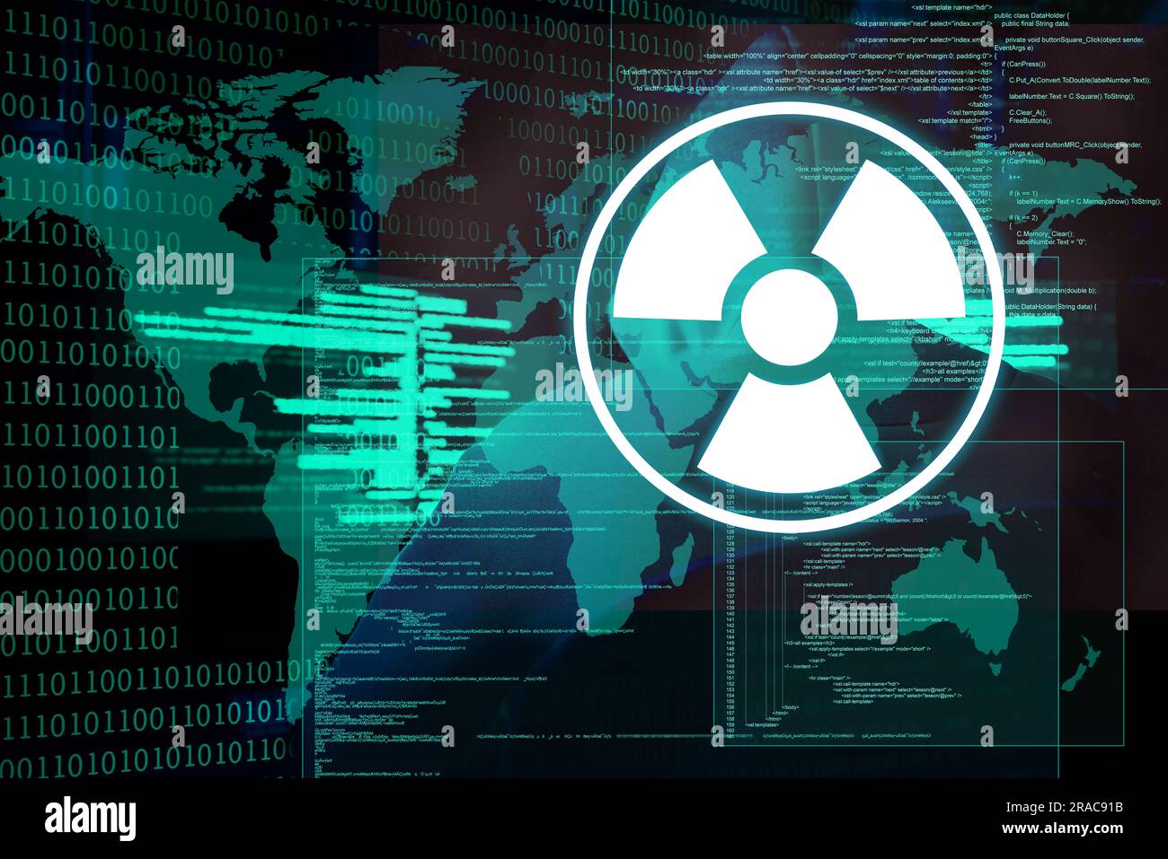 Nuclear deterrence. Multiple exposure with hacker in darkness, world ...