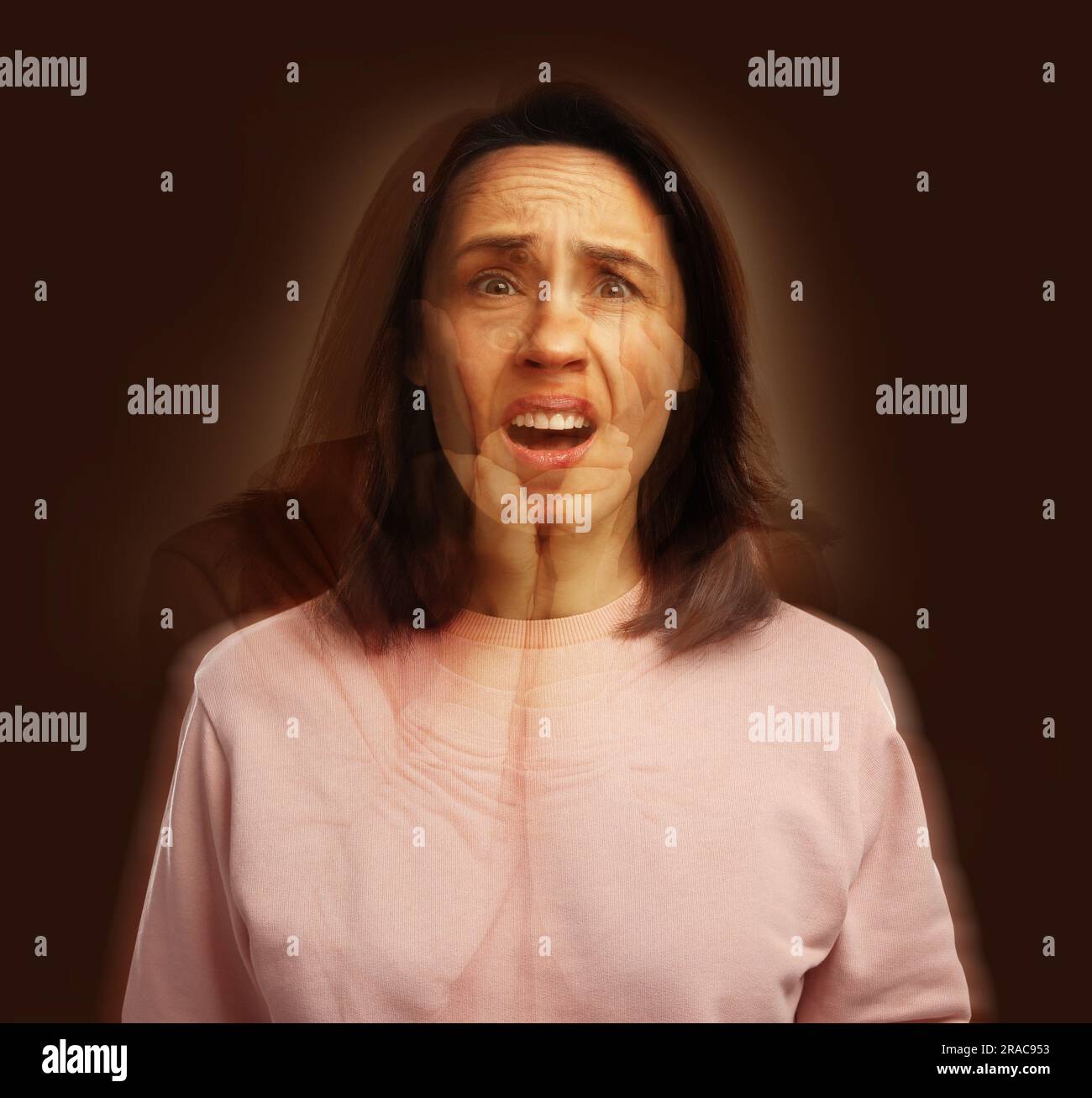 Paranoia. Multiple exposure with photos of emotional woman on brown ...