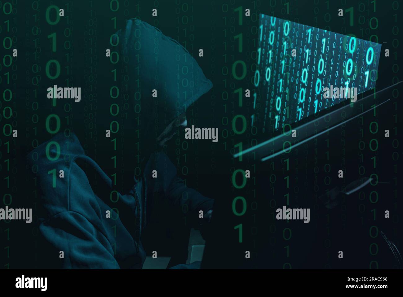 Anonymous man with computers and binary code in darkness Stock Photo ...