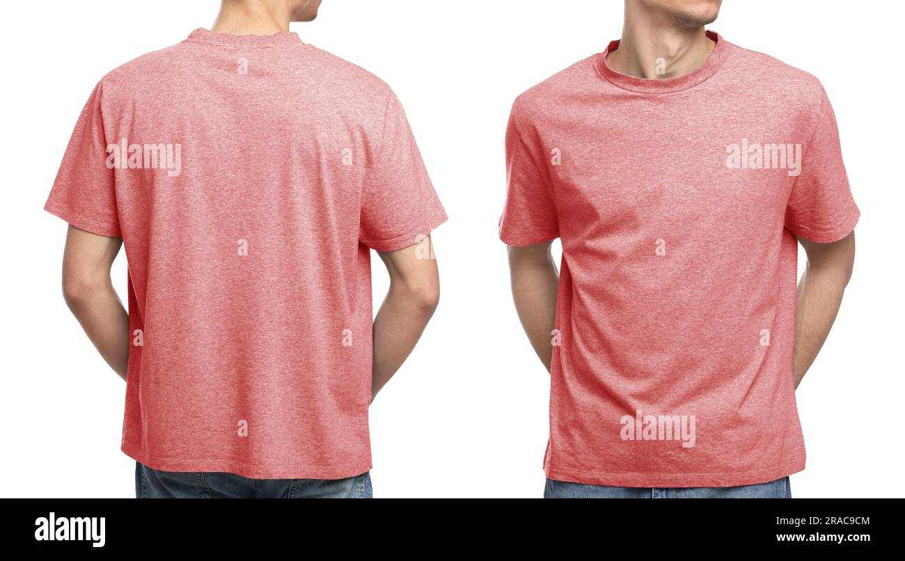 Collage with photos of man in coral t-shirt on white background ...
