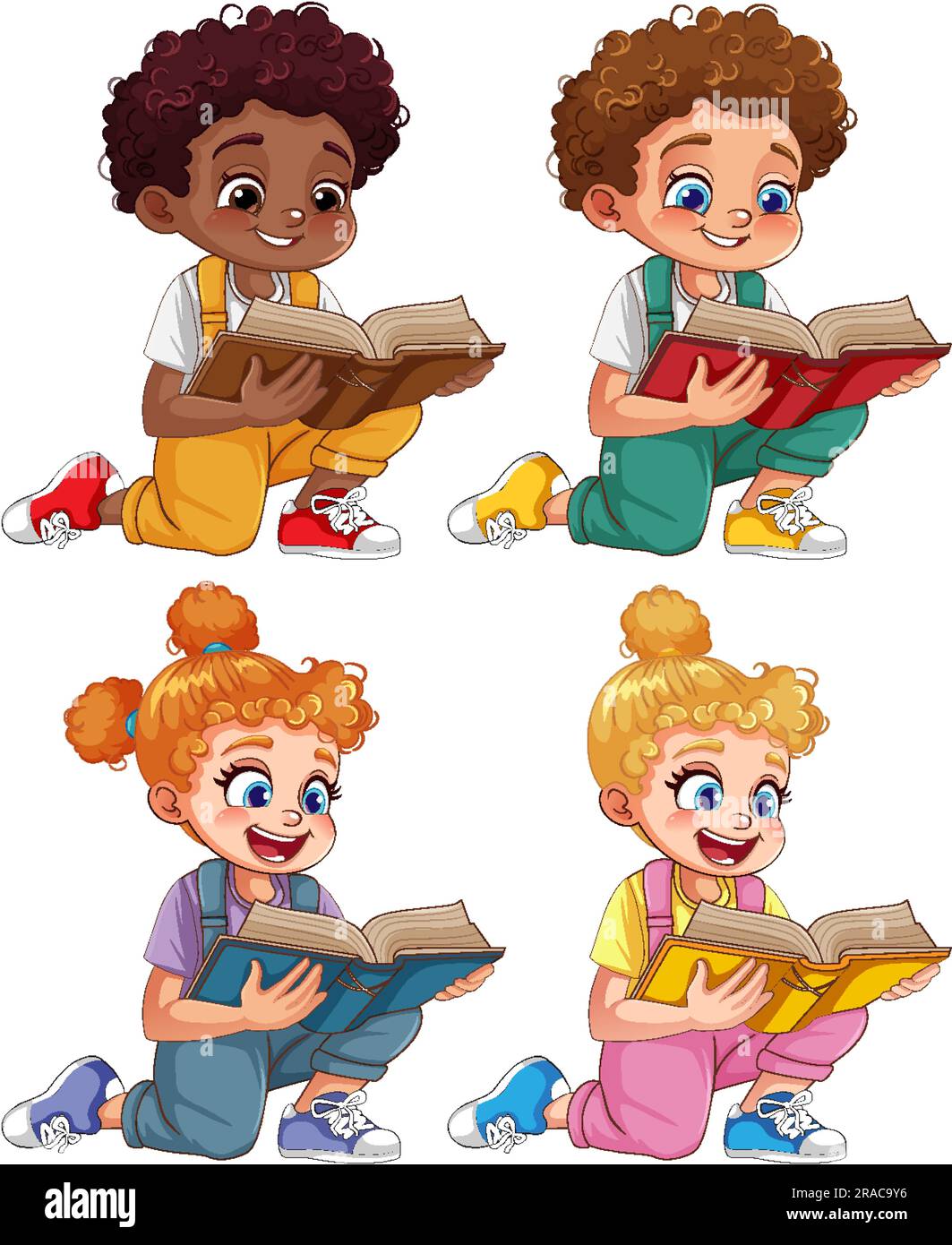 Set of boy and girl with curly hair in different skin colour reading a ...