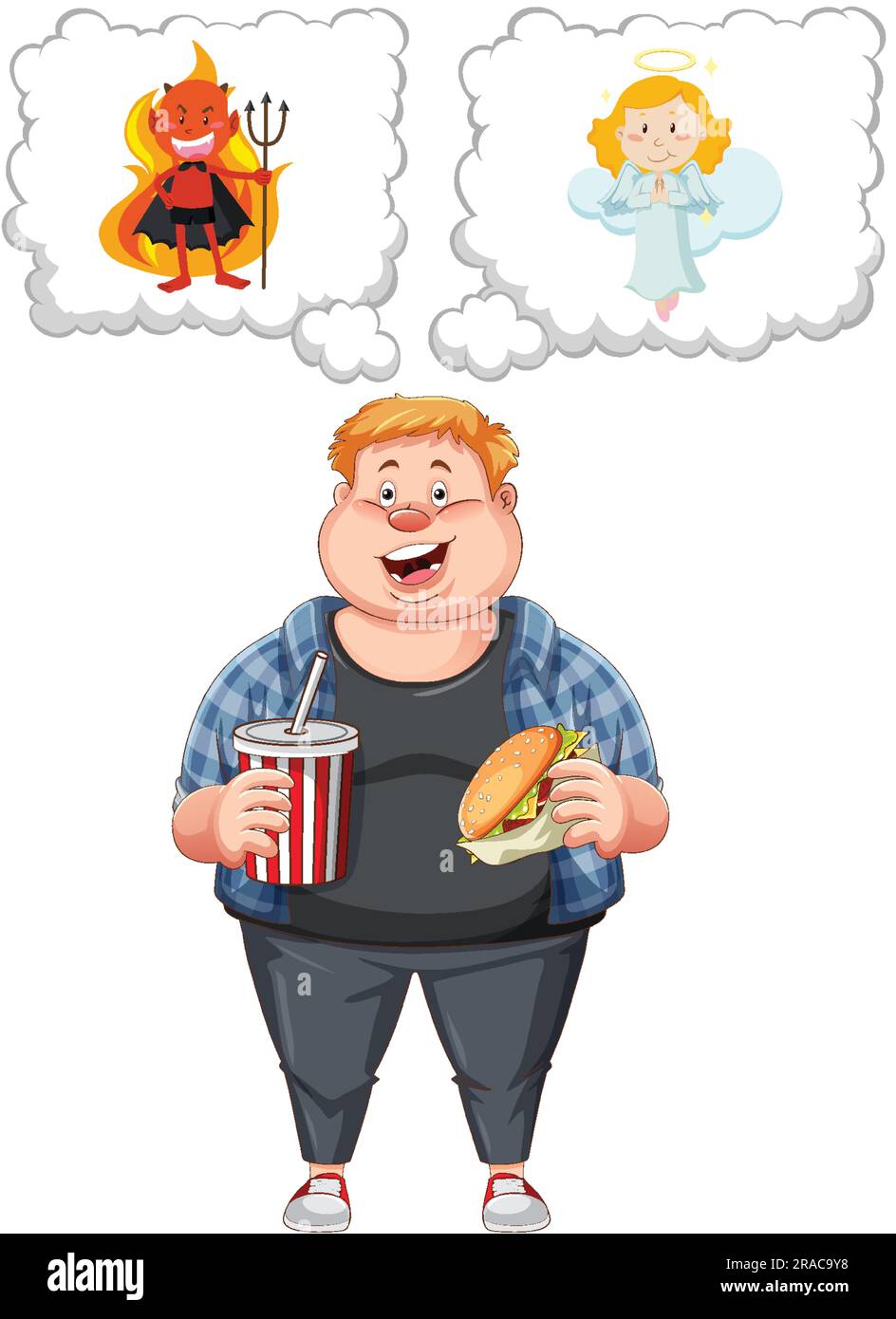 Overweight man fighting between eating healthy or unhealthy food ...